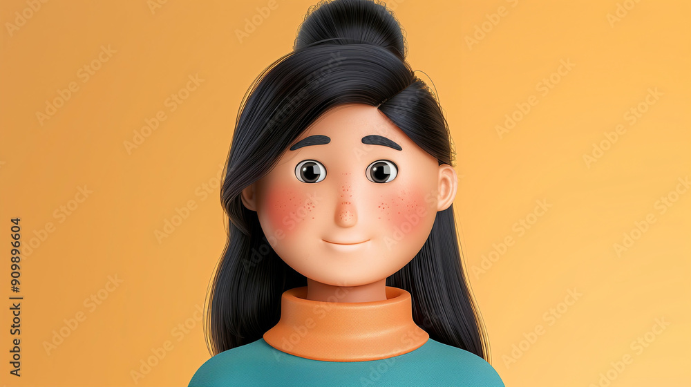 Cartoon character with long black hair and freckles in digital art ...