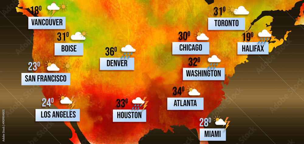 Weather forecast shown on map of USA. illustration with city names ...
