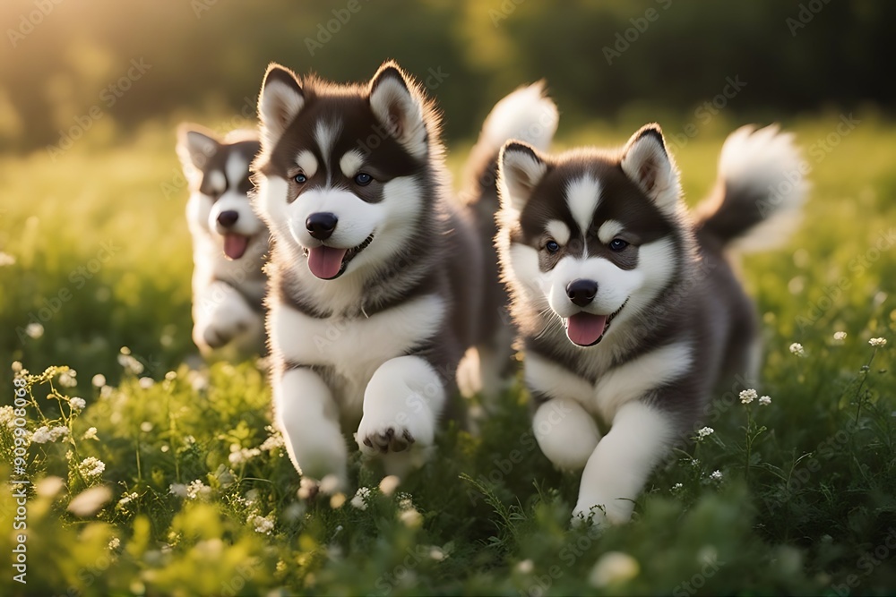 run alaskan garden cute group grass malamute puppy adorable animal ...