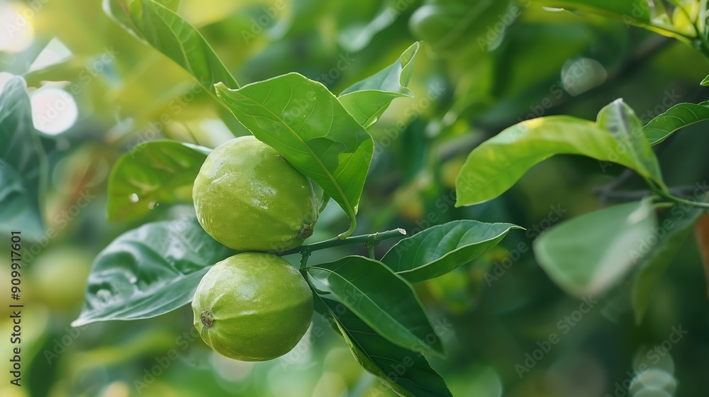 Deli honey guava fruit saplings are slowly developing displaying a ...