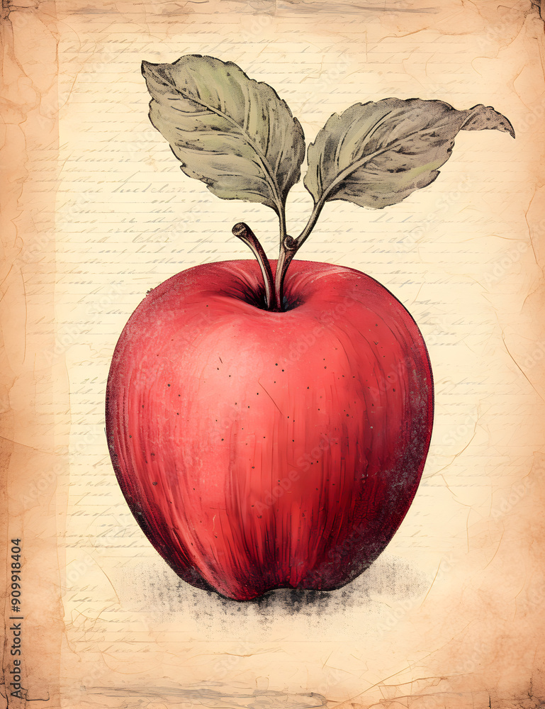 Vintage-style drawing of a red apple with leaves on an old paper ...