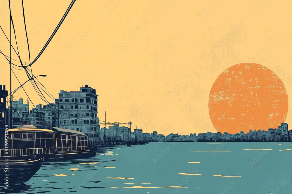 Risograph halftone riso print travel poster, card, wallpaper or banner ...