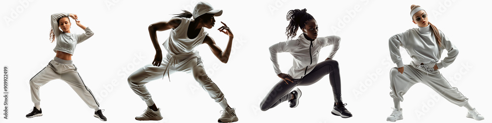 set of A model wearing athleisure clothing posing in dynamic stance ...