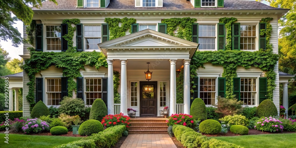 Charming colonial style American house with symmetrical facade, ivy ...
