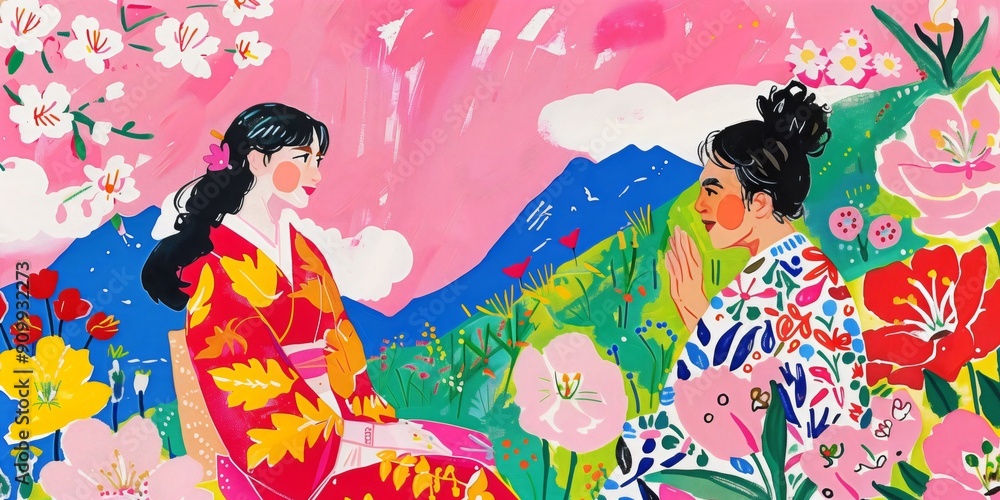 Children's drawing of Asian women on pink mountain background ...