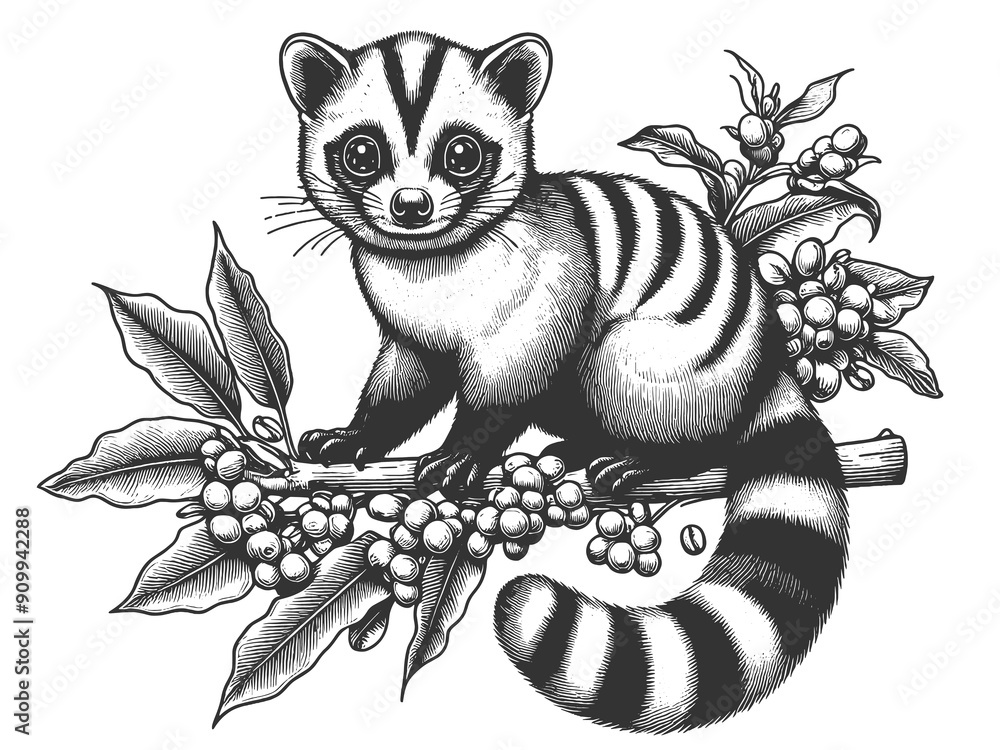 musang Asian palm civet sit on coffee tree branch with coffee cup Kopi ...