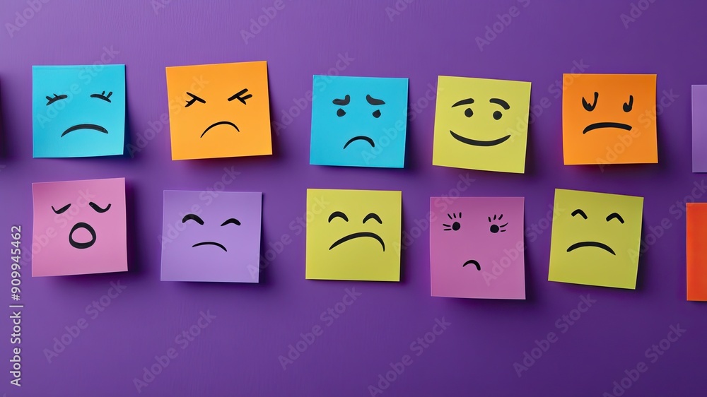 Colorful sticky notes displaying various emotions on a purple ...