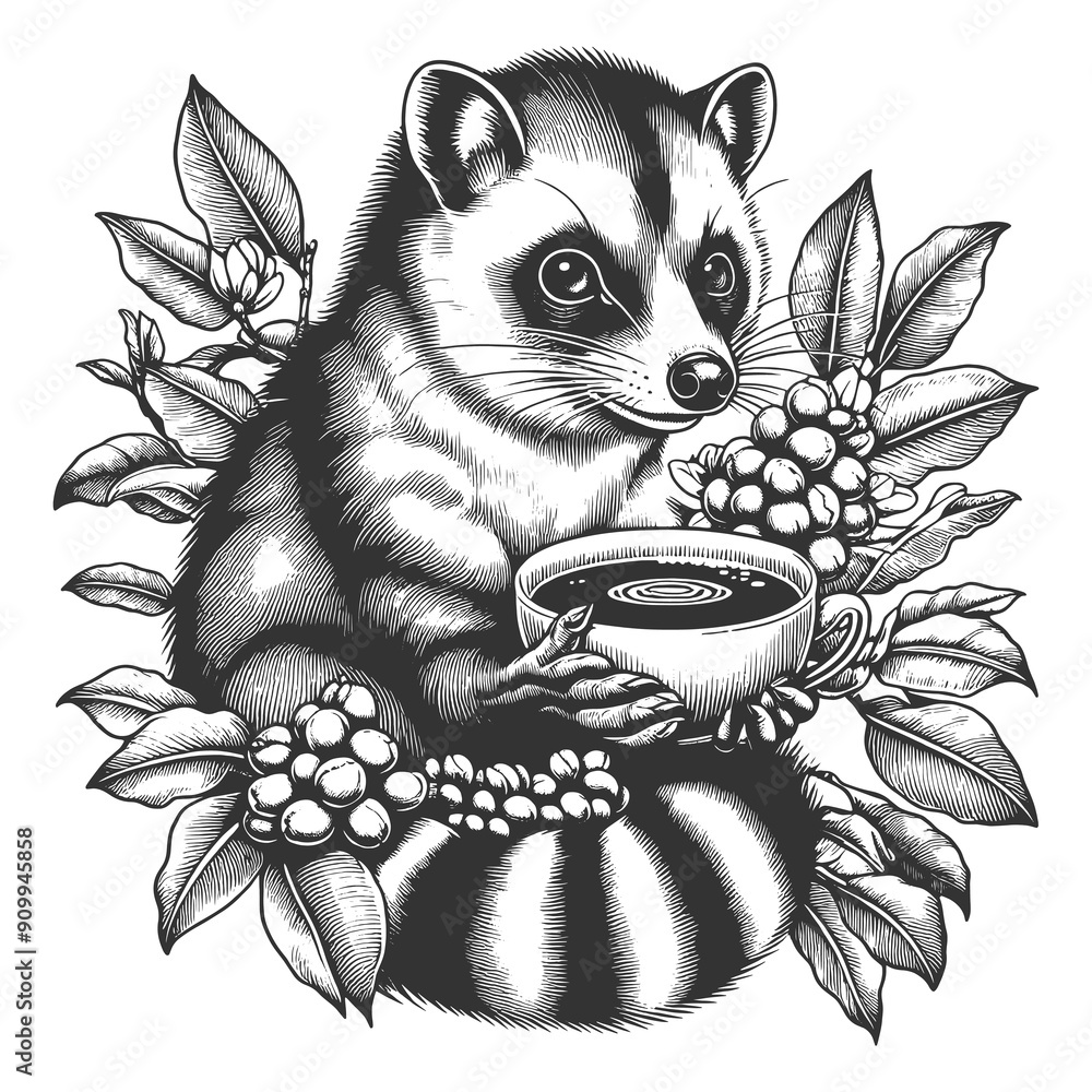 musang Asian palm civet sit on coffee tree branch with coffee cup Kopi ...