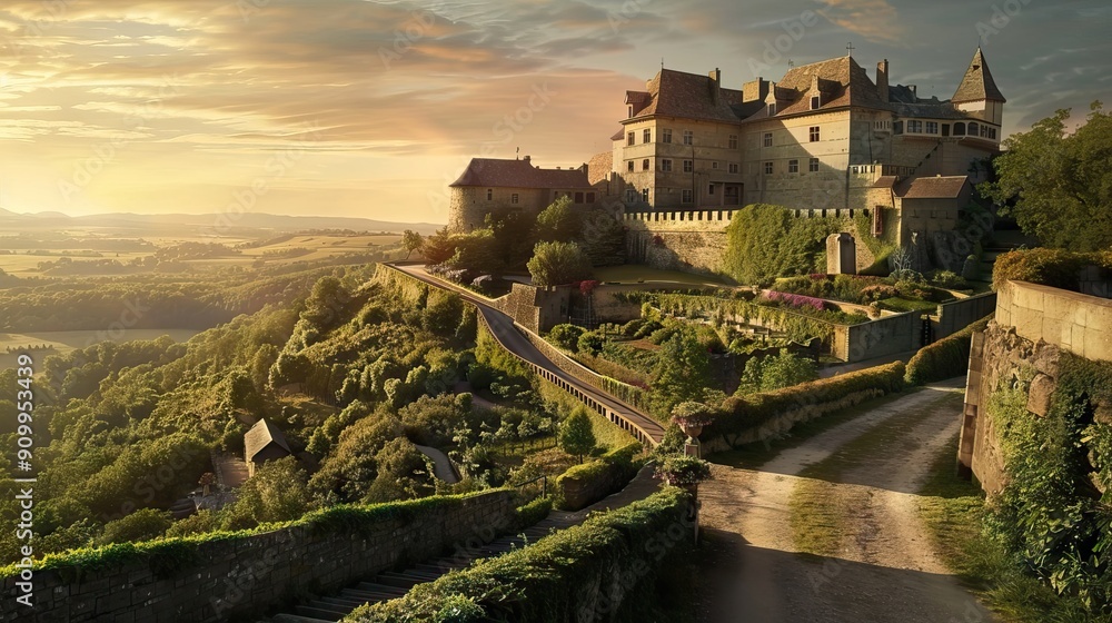 An aerial view captures the medieval Chojnik Castle atop a mountain in ...