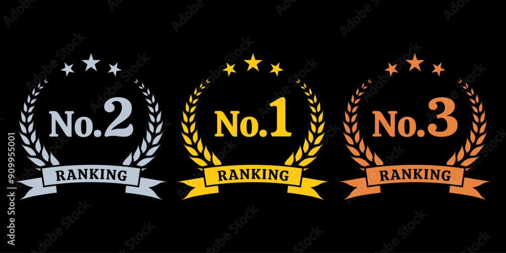 Ranking set with No. 1 rank icon. First, second and third place emblem ...