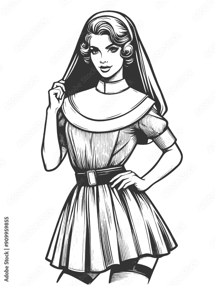 pin-up styled nun in flirtatious pose, playful retro fashion sketch ...
