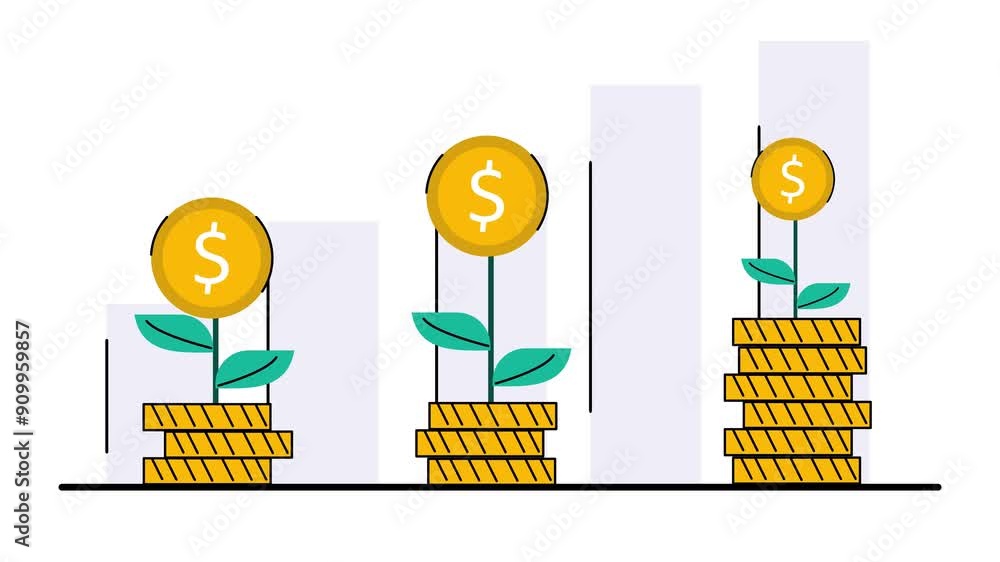 2D animated video of a dollar plant from a pile of dollar coins ...