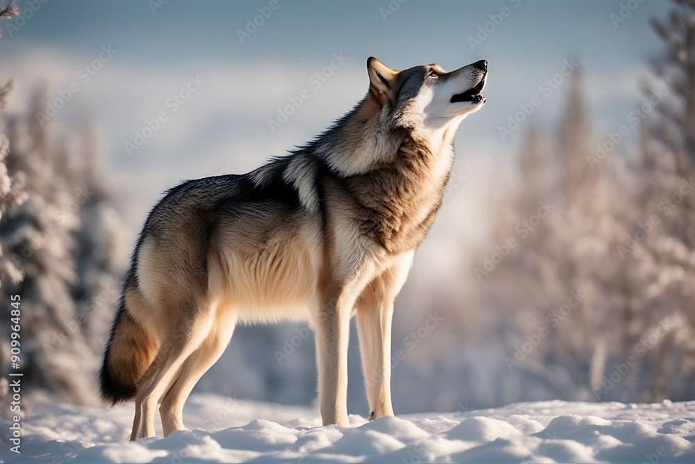 howling wolf isolated winter white background forest hunter shaggy ...