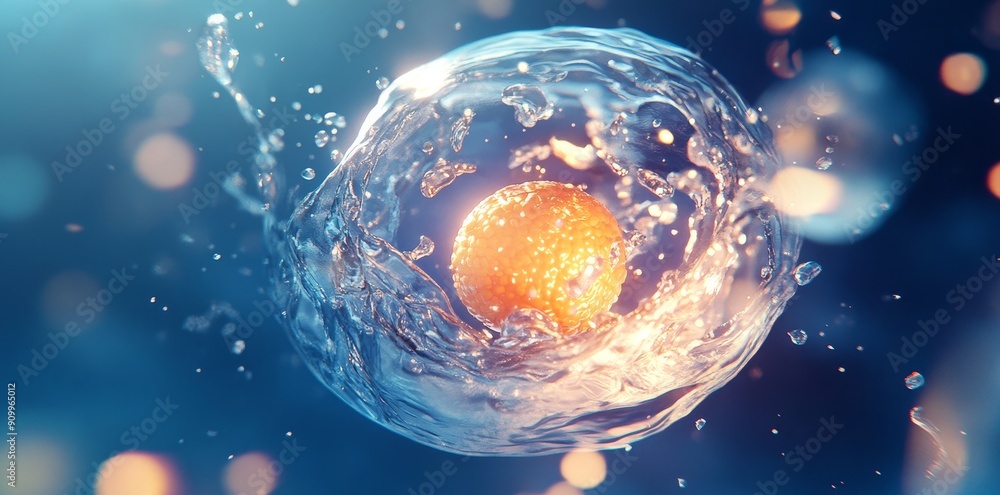 3D CGI render of an injecting IVF cell and medical needle, blue colored ...