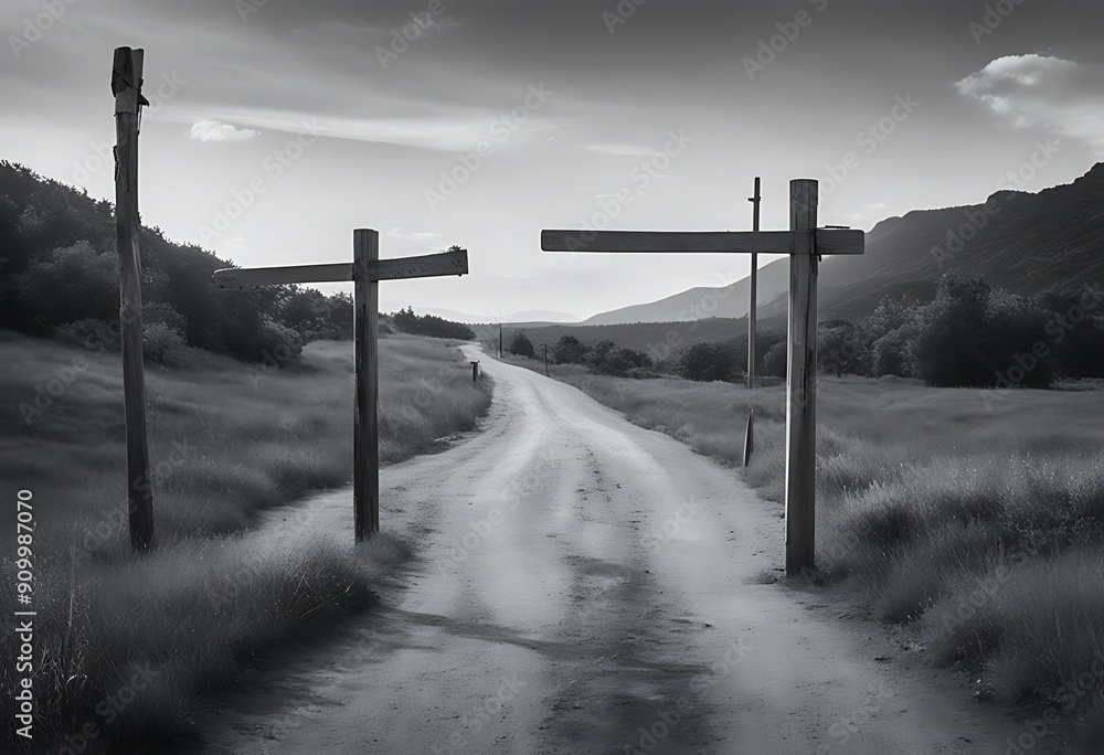 pencil road signposts wooden background grayscale route way winding ...
