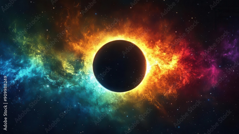 ภาพประกอบสต็อก celestial scene of solar eclipse with vibrant neon hues ...