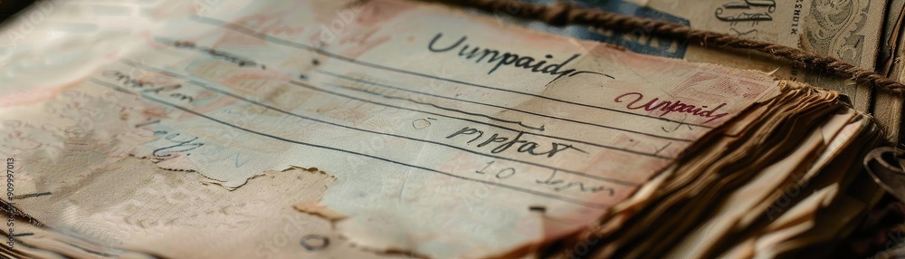 Close-up of an old unpaid bill document, showcasing faded handwriting ...