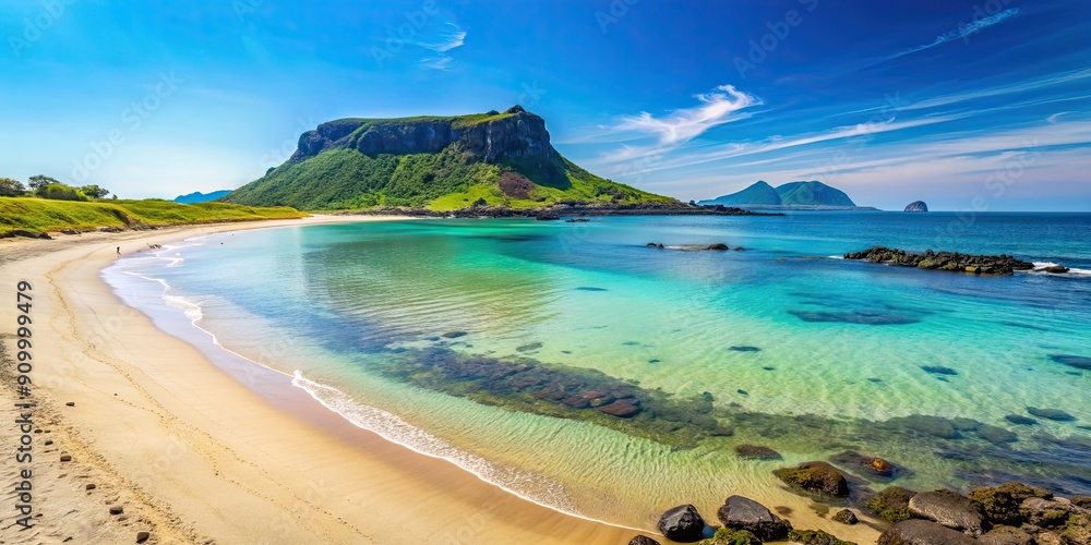 Beautiful sandy beach with crystal clear blue waters in Jeju island ...