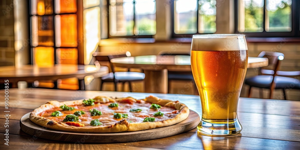A pint of beer next to a freshly baked pizza on a table in a casual ...