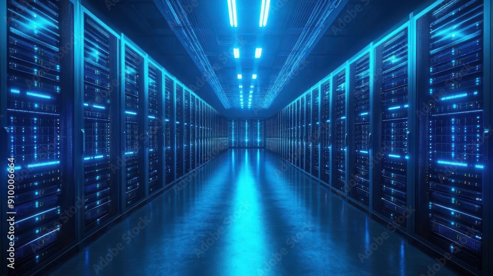 hightech data center with rows of servers neon blue glow intricate ...