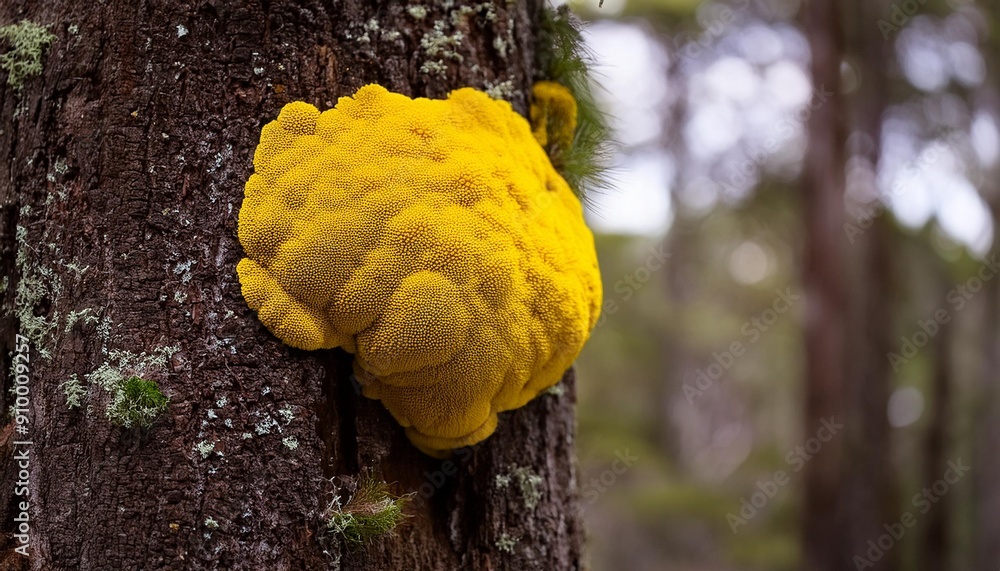 Springtime yellow slime mold on a tree in the forest in tasmania very ...