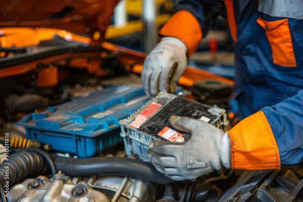 Mechanic in uniform replacing a car battery in a workshop ...