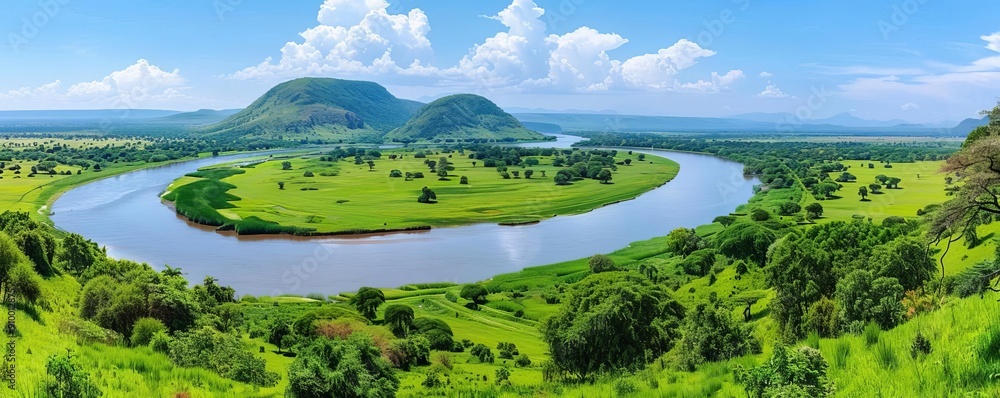 Panoramic view of Nile river valley, Nile river valley view, lush ...