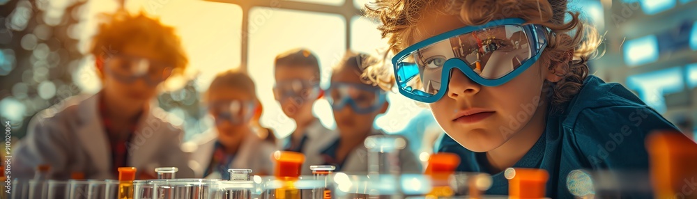Group of children wearing safety goggles and lab coats conducting ...