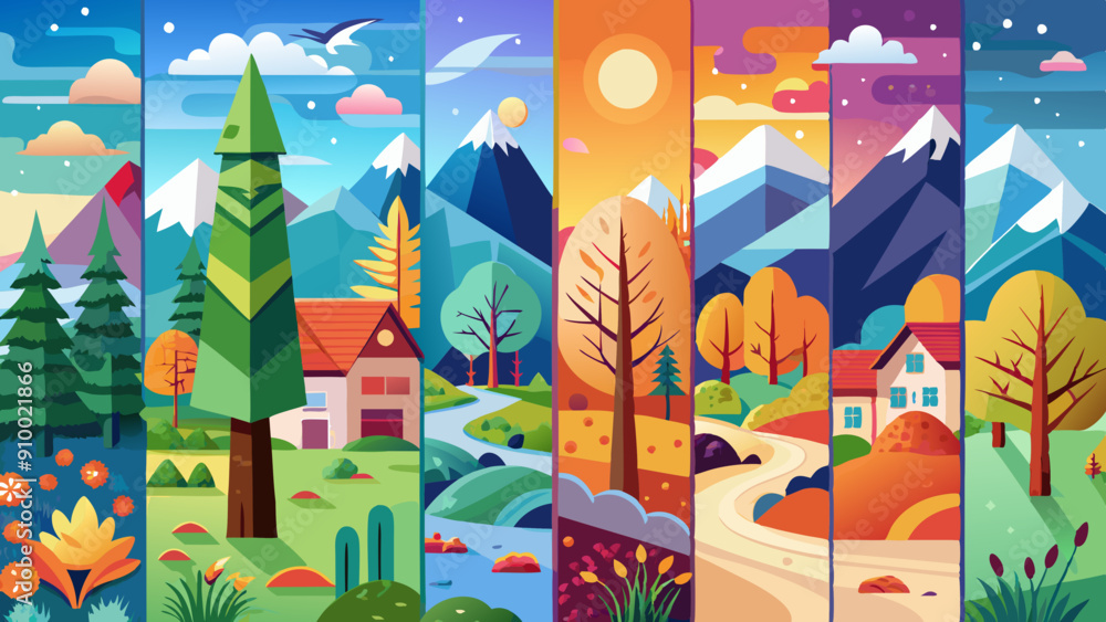 Set of four seasons backgrounds, banners. Winter, spring, summer ...