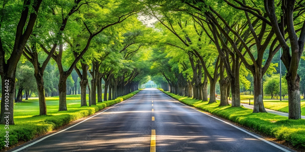 Road with sidewalk running parallel with trees on both sides of the ...