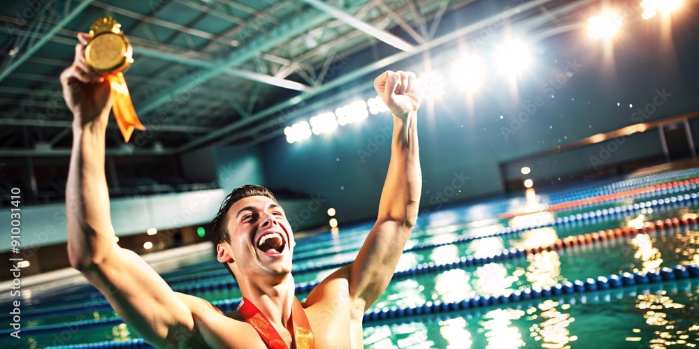 Swimmer Celebrates Championship Win. A triumphant swimmer raises his ...