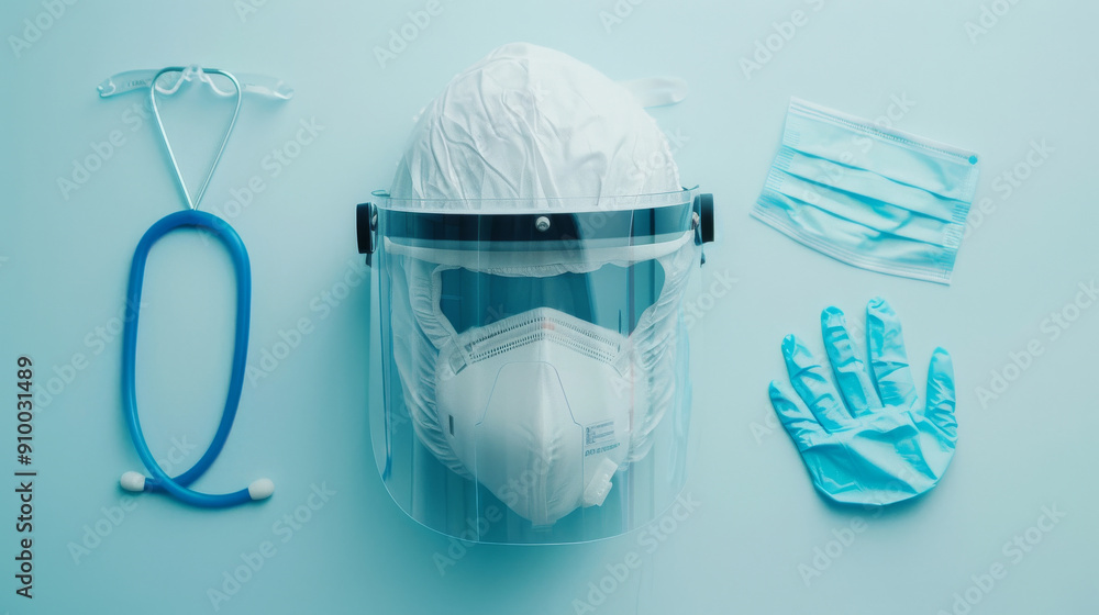 Personal protective equipment including a mask, gloves, face shield ...