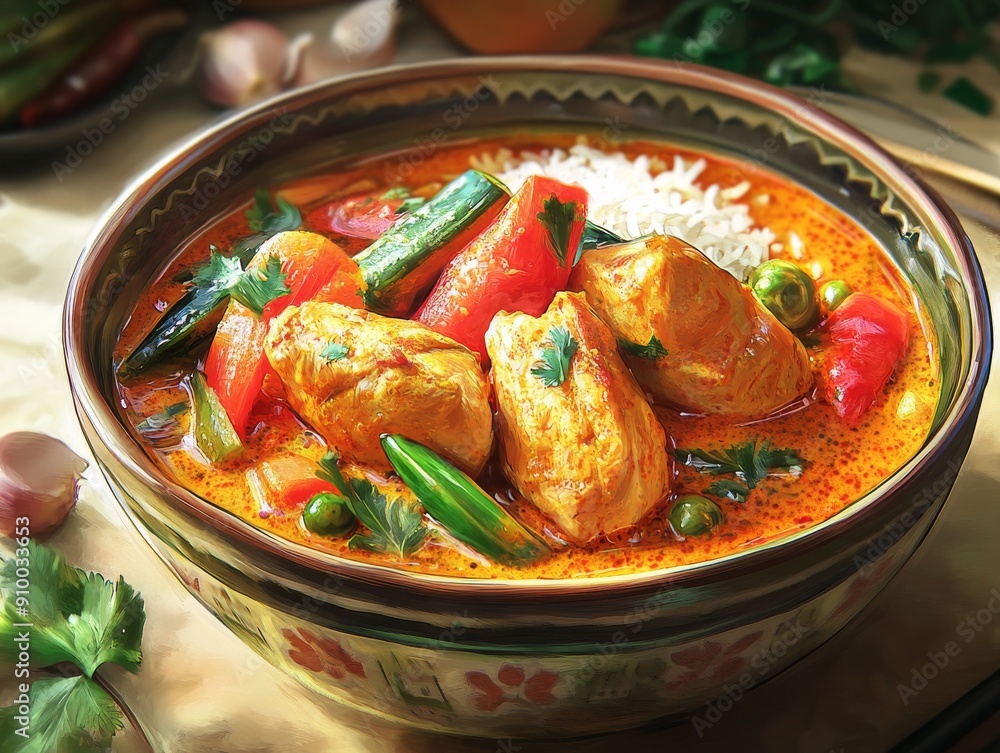 Traditional Thai curry rice bowl with chicken and vegetables. Featuring ...