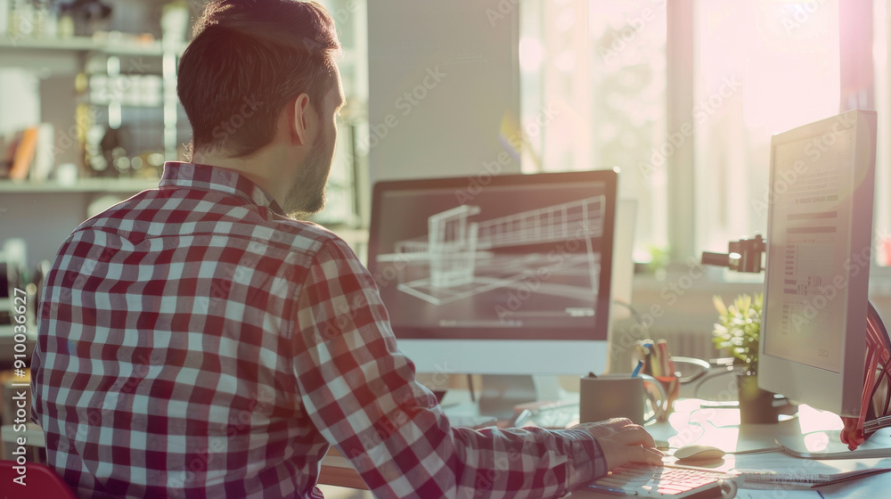 Architect working at a desk with a computer, designing a detailed ...