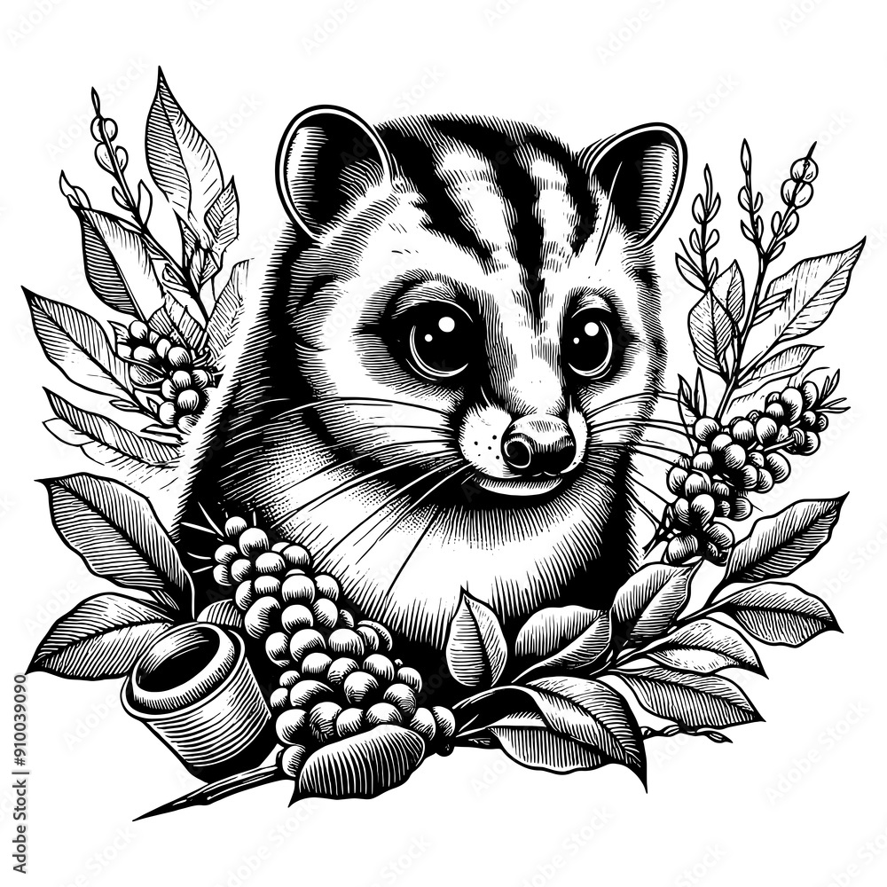 musang Asian palm civet sit on coffee tree branch with coffee cup Kopi ...