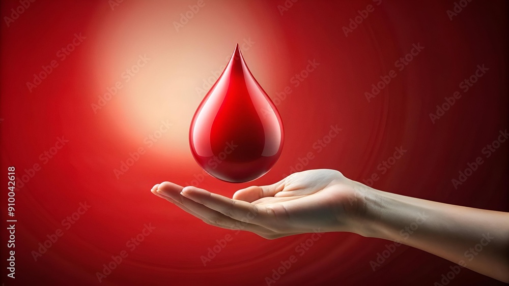 Human hand holding blood drop shape with blood level on red background ...