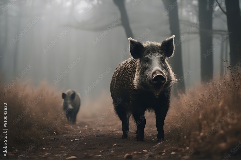 fog boar wild animal wildlife portrait front beauty nature hunting mist ...