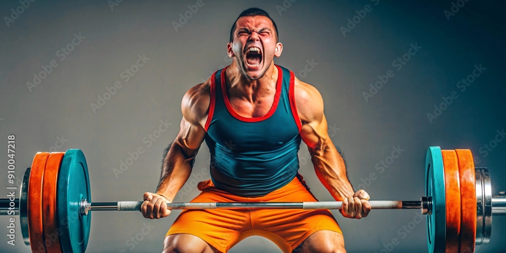 Powerlifter Screaming While Lifting Heavy Barbell. A strong and ...