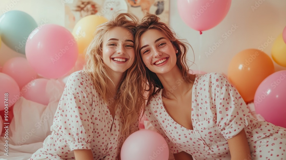 Beauty treatment for a sleepover. Smiling, two pretty young women in ...