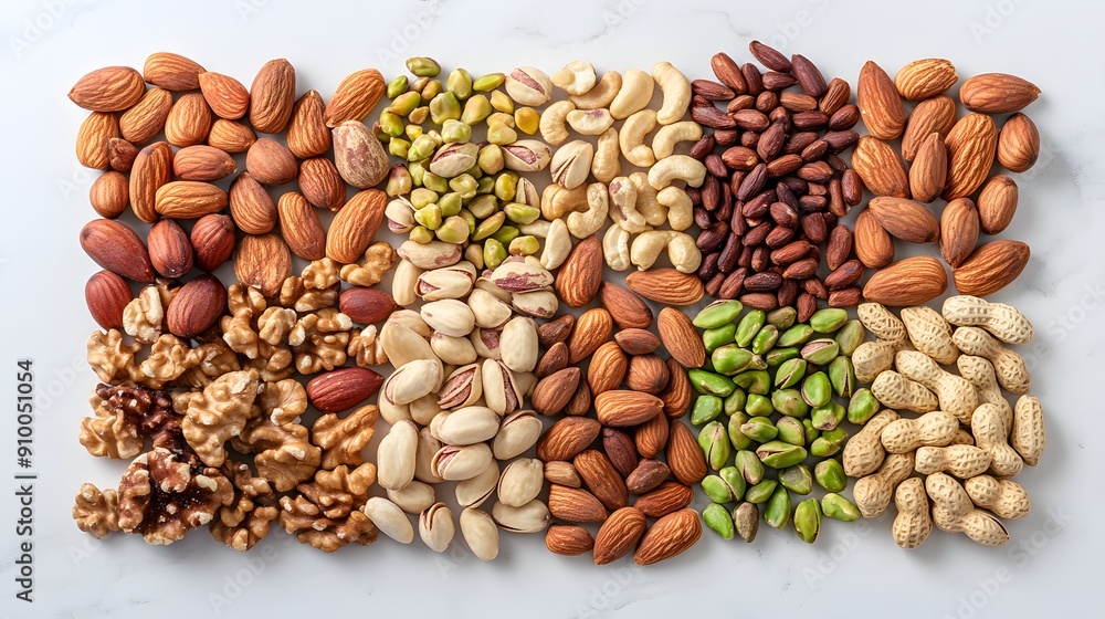 Assorted nuts and seeds, variety of textures, almonds, walnuts ...
