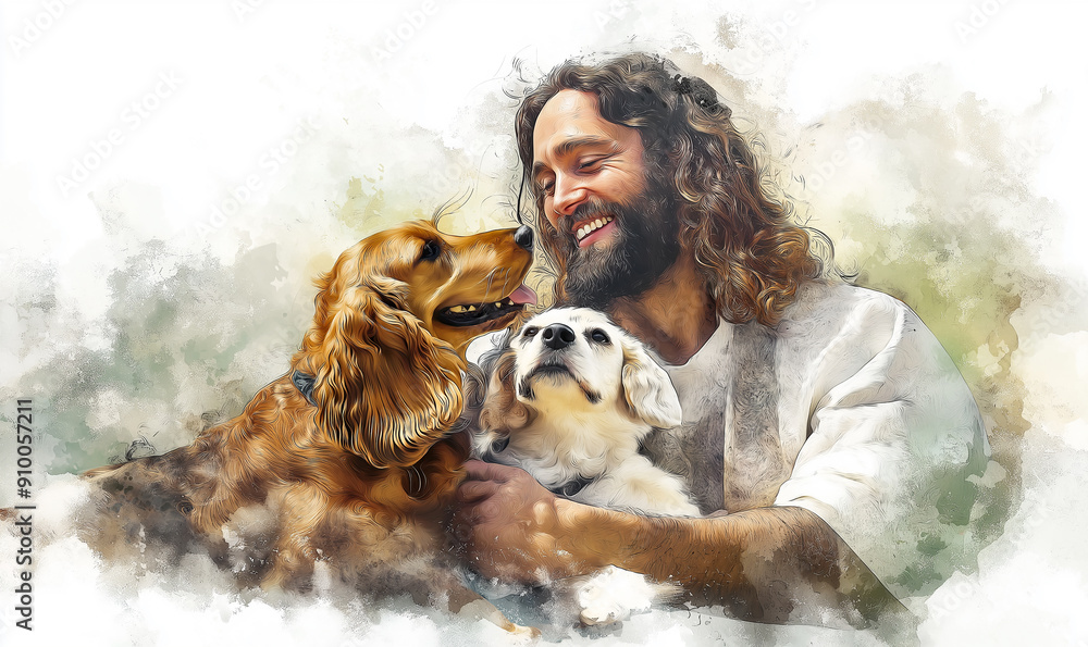 Jesus Christ playing with two dogs. Jesus is depicted with a broad ...