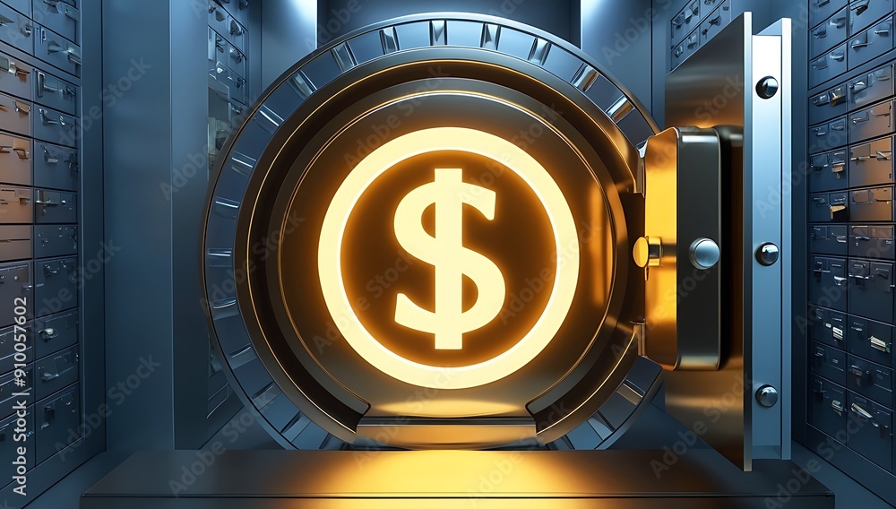 Glowing dollar currency symbol or sign on money safe vault. Wealth ...