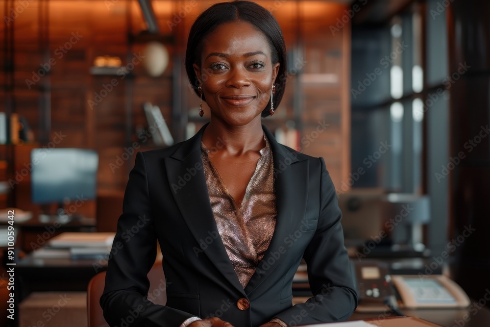 An elegant woman in a shiny blouse and blazer stands poised in a modern ...