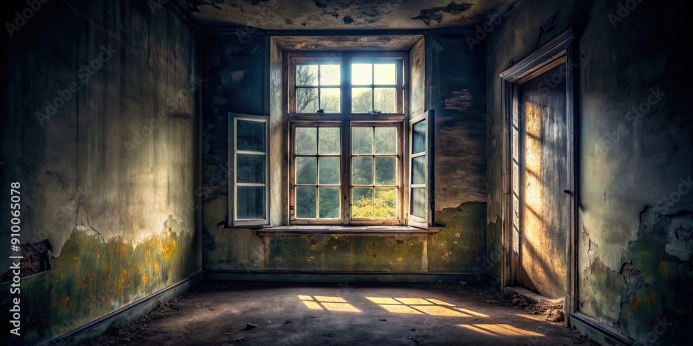 Gloomy window in abandoned house with ghostly light and shadow in dark room, horror, Halloween ...