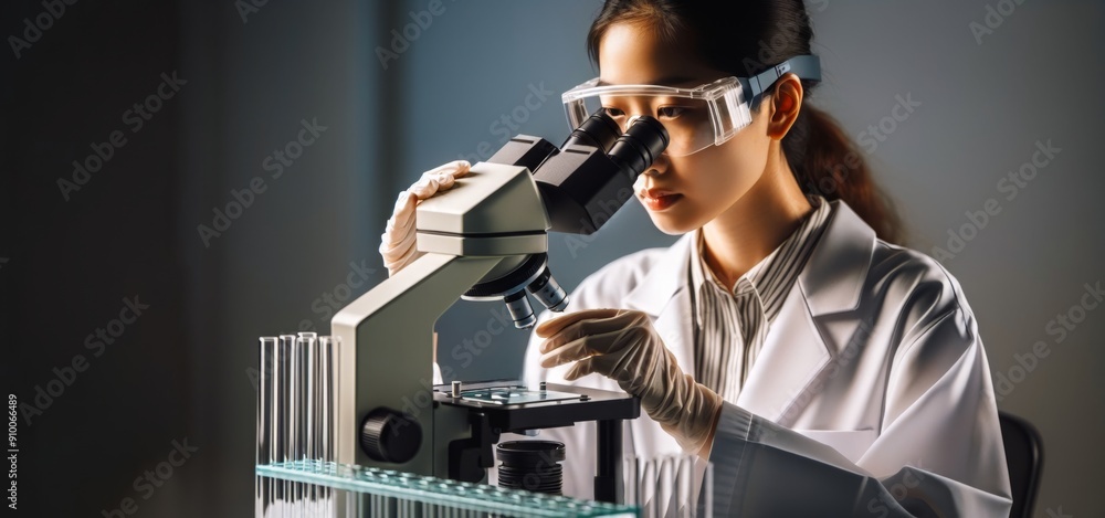 Asian female scientist sits in a lab and looks through an electron ...