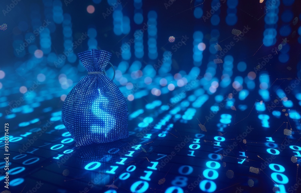 Blue money bag crafted from binary code featuring a dollar sign, with a ...