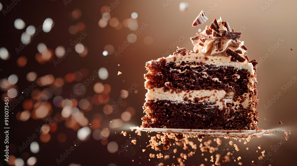 A rich slice of chocolate cake with creamy layers and topped with ...