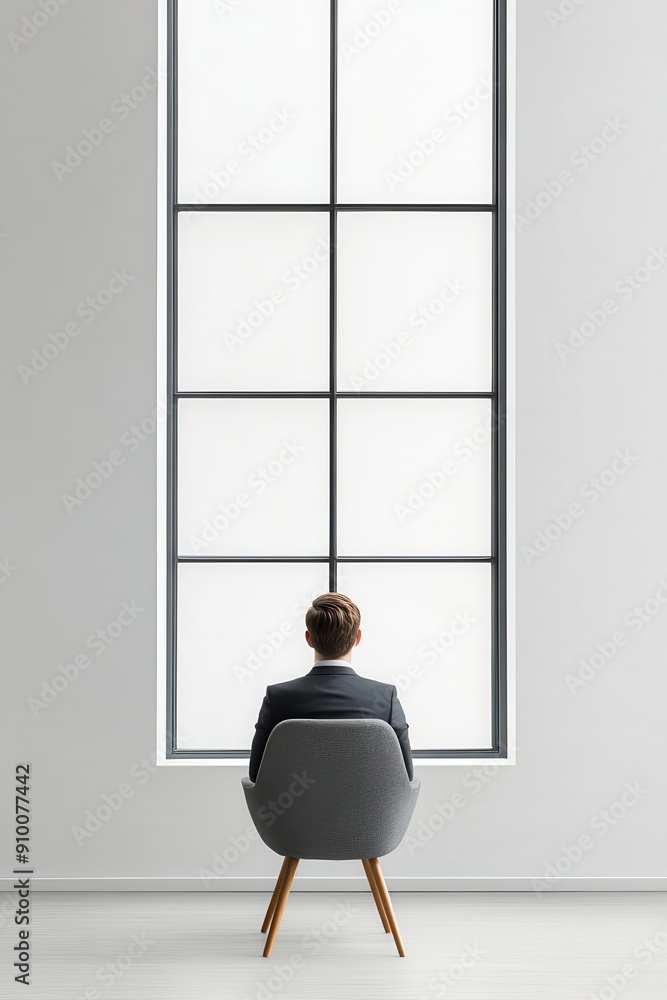 A businessperson sitting in a minimalist office, gazing out the window ...