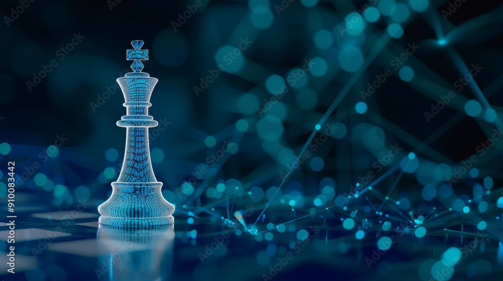 A digital chessboard featuring a king piece stands against a backdrop ...
