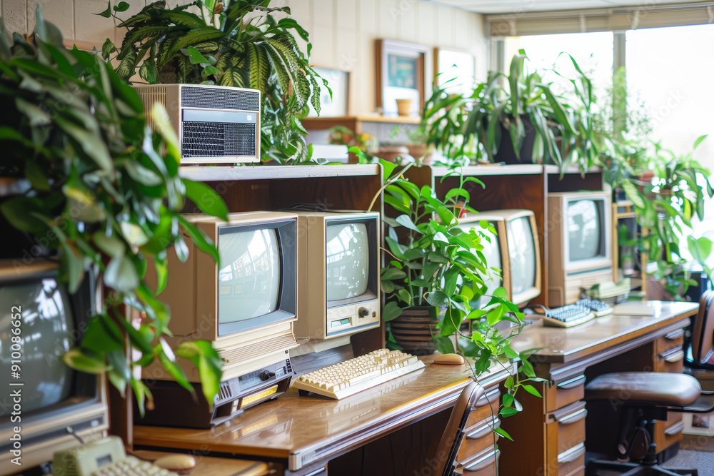 Vintage 1970s or 1980s office interior with retro computers and lush ...
